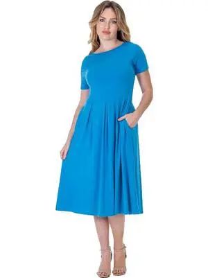 24SEVEN COMFORT APPAREL Midi Dress With Short Sleeves And Pockets - Turq