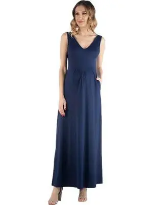 24SEVEN COMFORT APPAREL Maternity Sleeveless Maxi Dress With Pockets - Navy