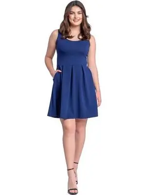24SEVEN COMFORT APPAREL Sleeveless Pleated Skater Dress With Pockets - Navy