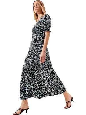 RO&ZO Pansy Print Shirred Cuff Midi Dress