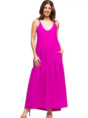 24SEVEN COMFORT APPAREL Spaghetti Strap Pocket Maxi Dress - Magenta
