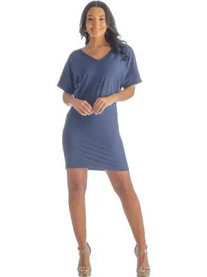 24SEVEN COMFORT APPAREL Solid Color V-neck Knee Length T-shirt Dress - Navy