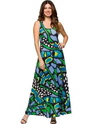 24SEVEN COMFORT APPAREL Butterfly Print Sleeveless Maxi Dress - Green Multi