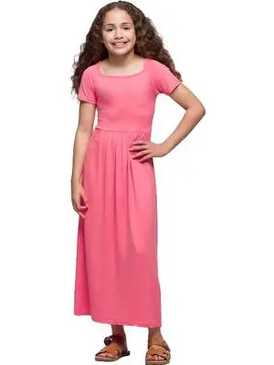 24SEVENKID Short Sleeve Pleated Maxi Dress - Coral