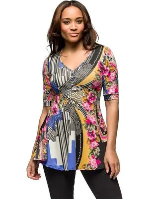 24SEVEN COMFORT APPAREL Floral Print Elbow Sleeve Henley Tunic Top - Blue Multi