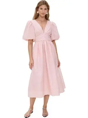 Sea Florence Embossed Puff Sleeve Midi Dress - Pink