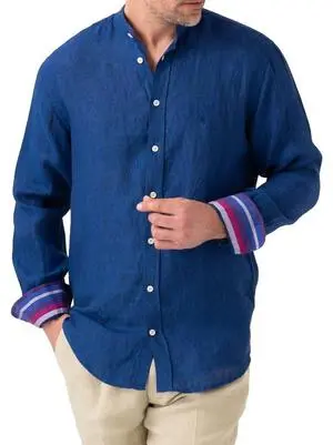 KOY CLOTHING Linen Band Collar Shirt - Royal Blue