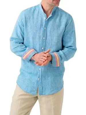 KOY CLOTHING Linen Band Collar Shirt - Turquoise