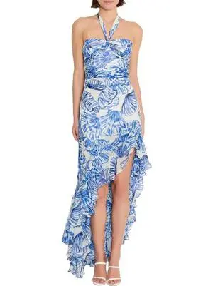 Amanda Uprichard Marabou Ruffle Halter High-Low Dress Blue Shell Print