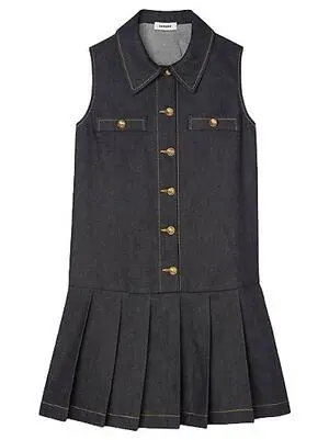 Sandro Sleeveless Pleated-skirt Denim Mini Dress - Deep Blue