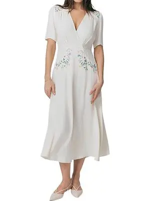 GHOST LONDON Maeva Embroidered Crepe Midi Tea Dress - White