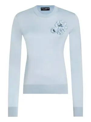 Dolce & Gabbana Silk Pullover With Flower Brooch - Azure