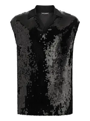 Dolce & Gabbana Sleeveless Sequin Polo Shirt - Black