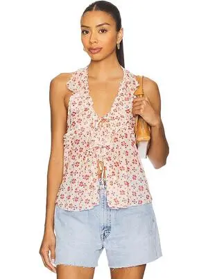 Free People Fearless Floral Print Knit Tank With Ruffled Neckline And Front Tie Closure - Ivory