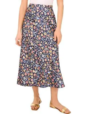 Vince Camuto Floral Bias Cut Midi Skirt - Classic Navy