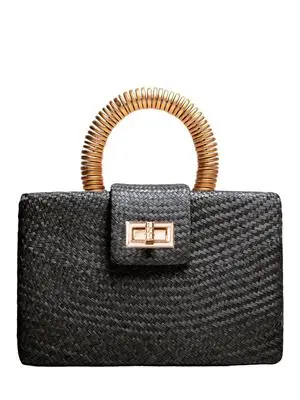 SOLI & SUN Woven Buntal Straw Clutch With Detachable Crossbody Strap - Black & Gold