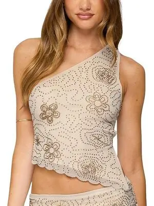 EDIKTED Astrid Beaded Backless One Shoulder Top - Cream