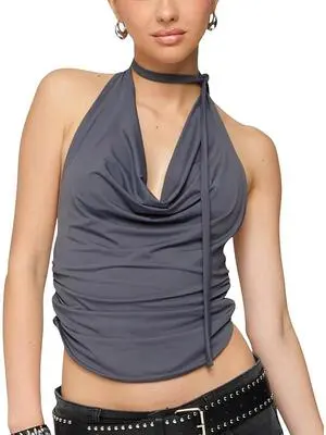 EDIKTED Two-piece Cowl Neck Scarf Halter Top - Dark-gray