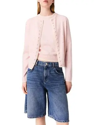 Maje Wool Knit Cardigan With Rhinestones - Pink