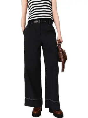 Maje Cotton Trousers With Leather Belt Navy