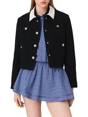 Maje Cropped Tweed Jacket With Removable Collar - Navy