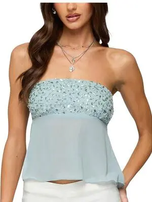 EDIKTED Beadie Sheer Chiffon Strapless Top