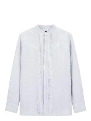 Emporio Armani Garment-dyed Linen Shirt With Guru Collar And Pleated Detail - Natural
