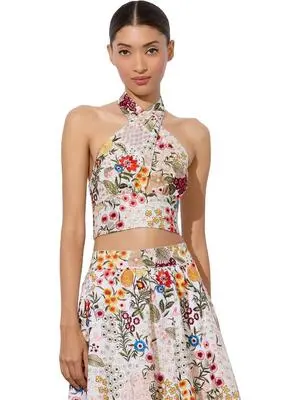 Alice + Olivia Evelina Floral Embroidered Crop Top - White