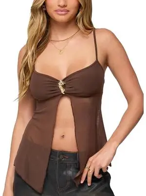 EDIKTED Sheer Mesh Top With Split Front - Brown
