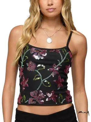 EDIKTED Beaded Floral Embroidered Tank Top - Black