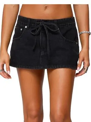 EDIKTED Ziggie Tie Front Denim Mini Skirt - Black