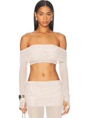 BANANHOT Lena Top Sheer Mesh Off-the-shoulder Crop Top - Macadamia