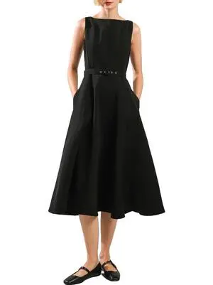 FREEMARKET Seamed Sleeveless Belted Fit & Flare Dress - Black