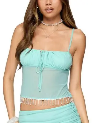 EDIKTED Enya Fringed Sheer Mesh Top - Turquoise