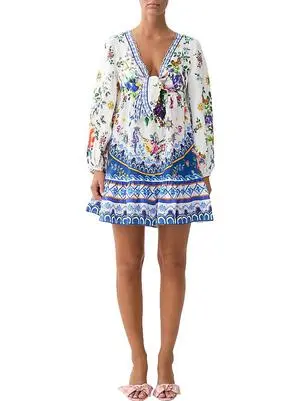 Camilla Tie Front Blouson Sleeve Mini Dress - Tiles Darls
