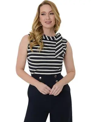 SMAK PARLOUR Roll Cowl Neck Tie Sleeveless Knit Top - Navy & Silver Stripe