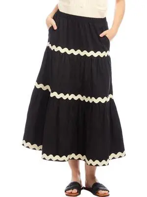Karen Kane Rickrack Trim Cotton Midi Skirt - Black W/ Natural