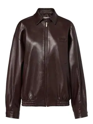 Miu Miu Logo Leather Bomber Jacket - Brown
