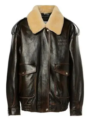 Miu Miu Logo Faux Shearling-trimmed Leather Jacket - Brown