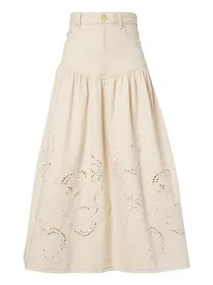 GANNI Broderie Anglaise Gathered Denim Skirt - Beige