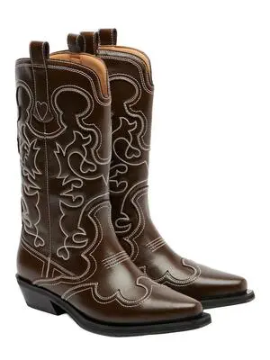 GANNI Mid Shaft Embroidered Cowboy Boots - Brown