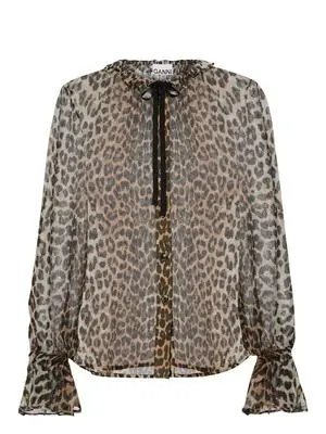GANNI Leopard-print Chiffon Blouse With Tie-neck - Brown
