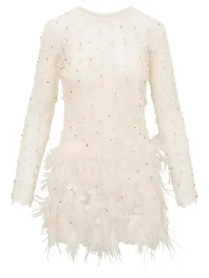LoveShackFancy Alouetta Embellished Feathered Mini Dress - White