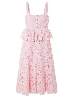 SELF-PORTRAIT Guipure Lace Peplum Midi Dress - Pink