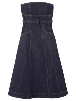 SELF-PORTRAIT Strapless Belted Denim Midi Dress - Blue