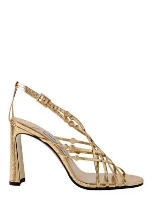 JIMMY CHOO Felice 95 Embellished Metallic Snake-effect Leather Sandals - Gold