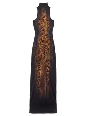 JEAN PAUL GAULTIER Layered Draped Printed Stretch-tulle Turtleneck Maxi Dress - Brown