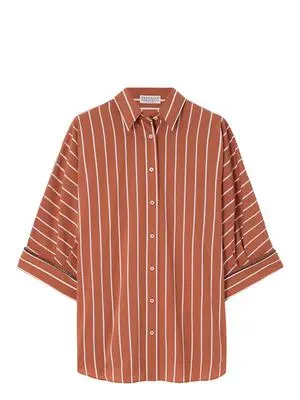 Brunello Cucinelli Bead-embellished Striped Cotton-blend Poplin Shirt - Orange