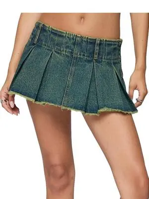 EDIKTED Frayed Pleated Denim Mini Skirt - Blue-washed
