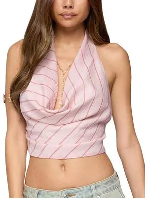 EDIKTED Stripey Metallic Cowl Neck Halter Top - Pink
